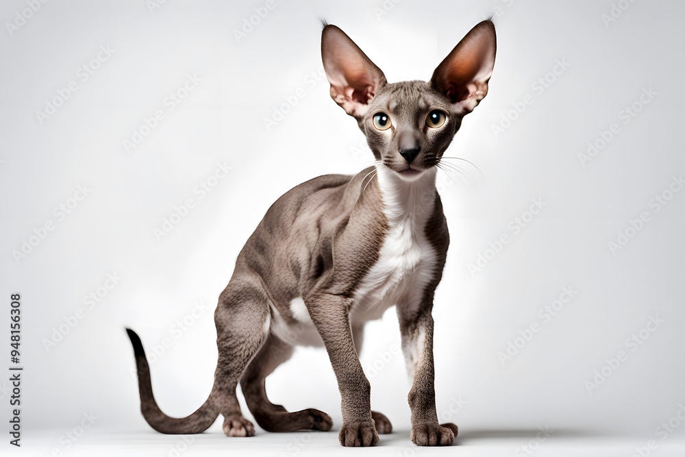 A sleek cornish rex cat with curly fur and large ears standing on a ...