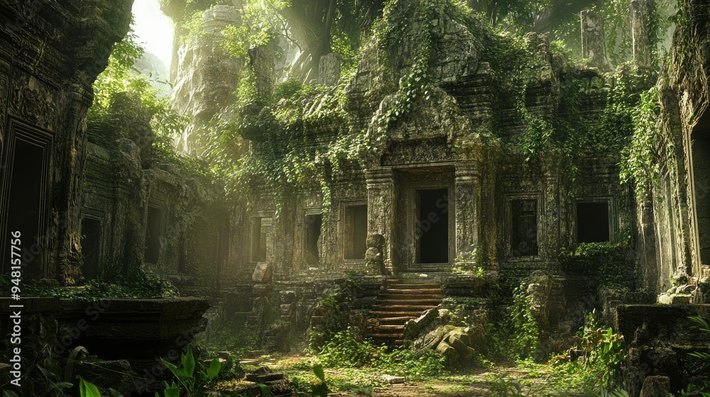 Majestic Southeast Asian temple ruins with overgrown vines and ...
