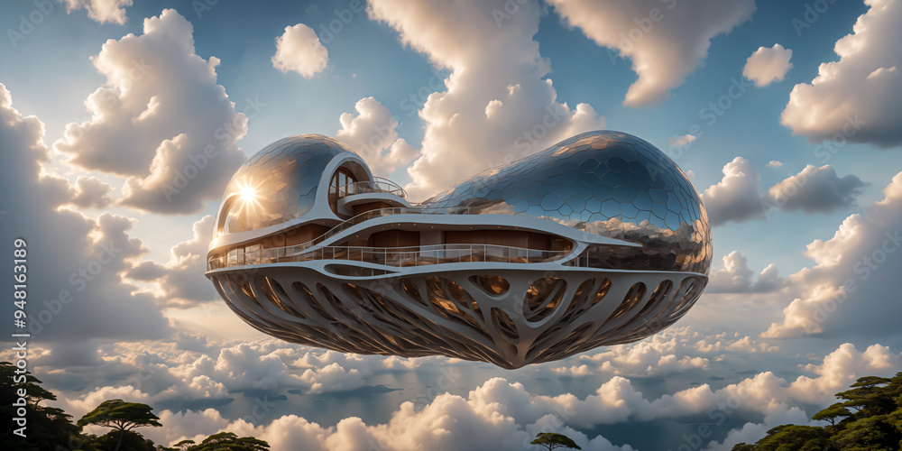 Antigravity futuristic modern house, floating above the clouds during ...