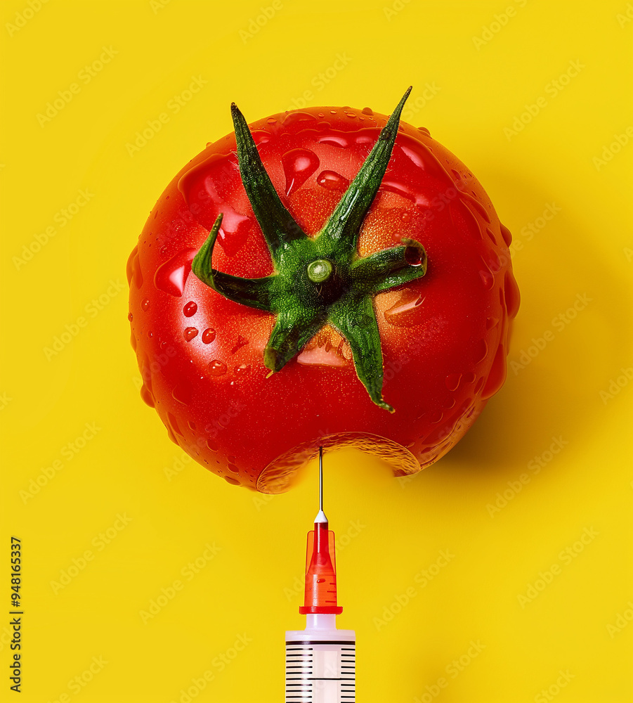 A red tomato receiving an injection of red liquid from a syringe on a ...