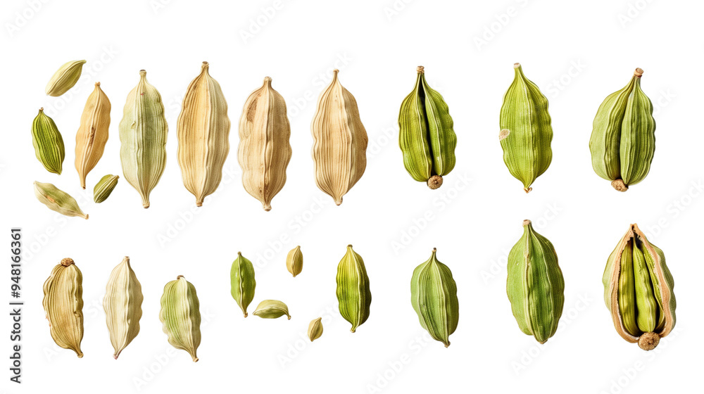 Various stages of cardamom pods from whole to cracked open isolated on ...