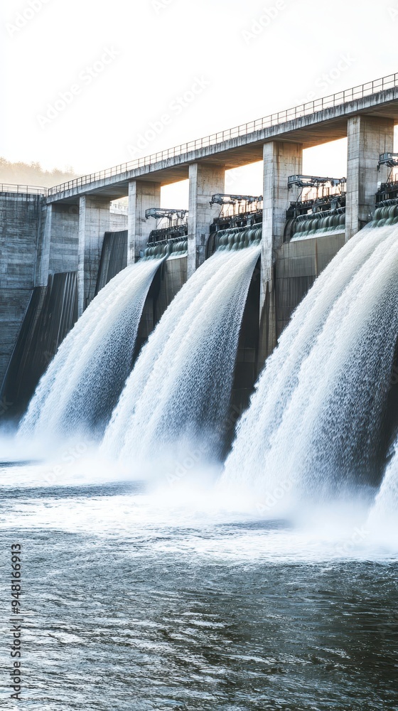 The hydropower facility features massive spillways releasing ...