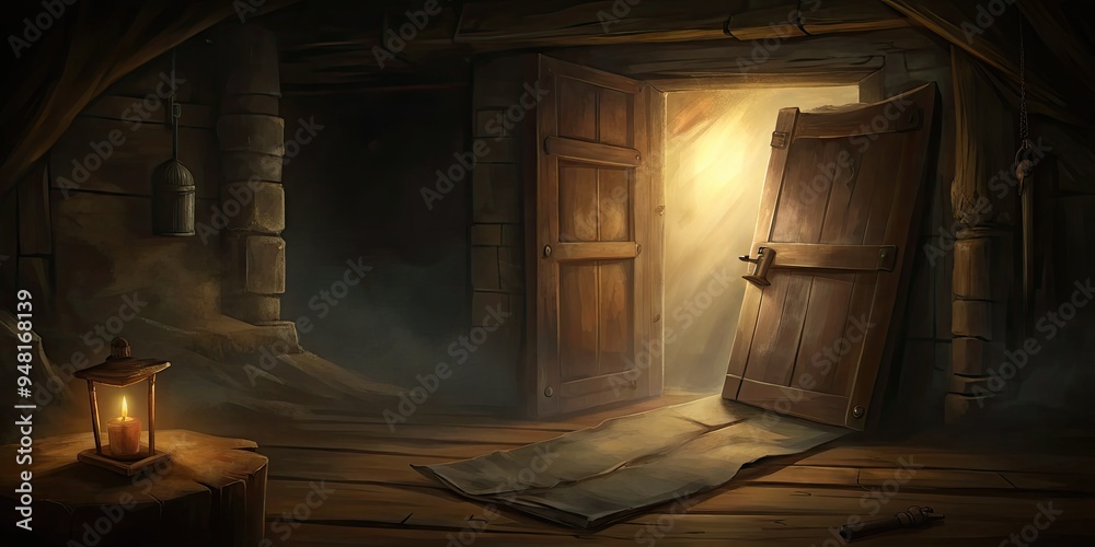Dimly lit rustic interior with a wooden door ajar. Stock Illustration ...