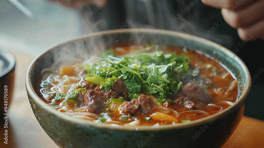 Bun Bo Hue being ladled, spicy beef noodle soup with lemongrass ...