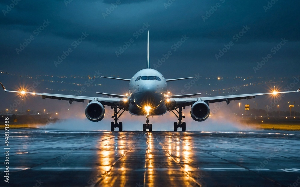 Airplane departure from the ground, flying up in the air on an airport ...