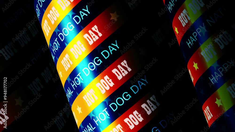 National Hotdog day white text on red blue paper 3D tube pattern title ...