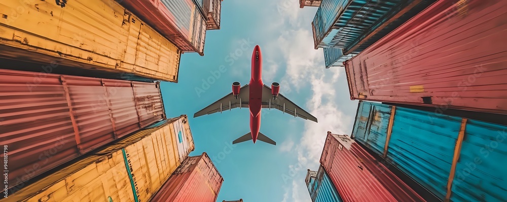 Airplane Soaring Above Colorful Shipping Containers, International ...