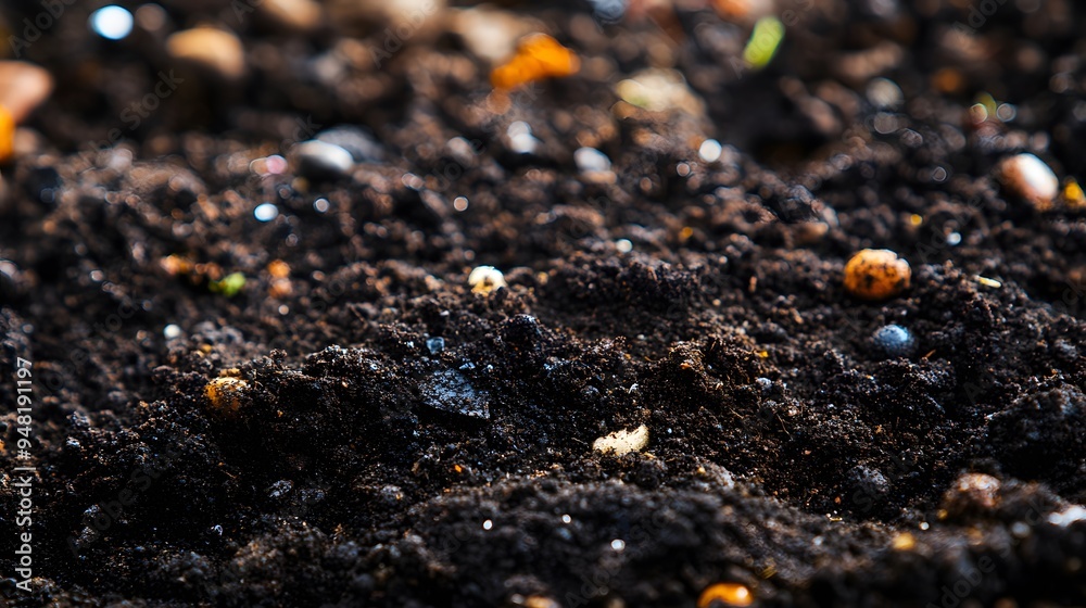 Extreme close-up of soil texture revealing various microorganisms, rich ...