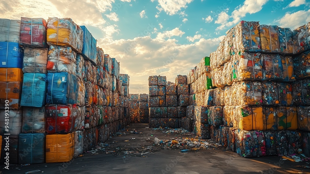 Bales of Compressed Waste in Recycling Yard. Stacks of large bales of ...