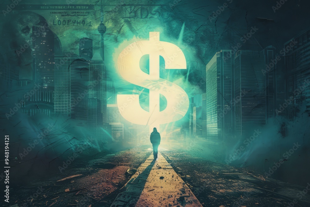 Person walking towards a glowing dollar sign in a misty city ...