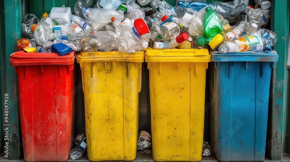 Overflowing Plastic Bins with Waste Bottles. Various colored bins ...