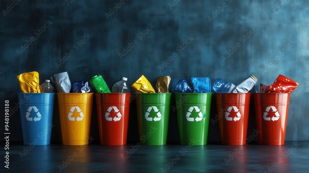 Row of Recycling Bins with Plastic Waste. Row of colorful recycling ...