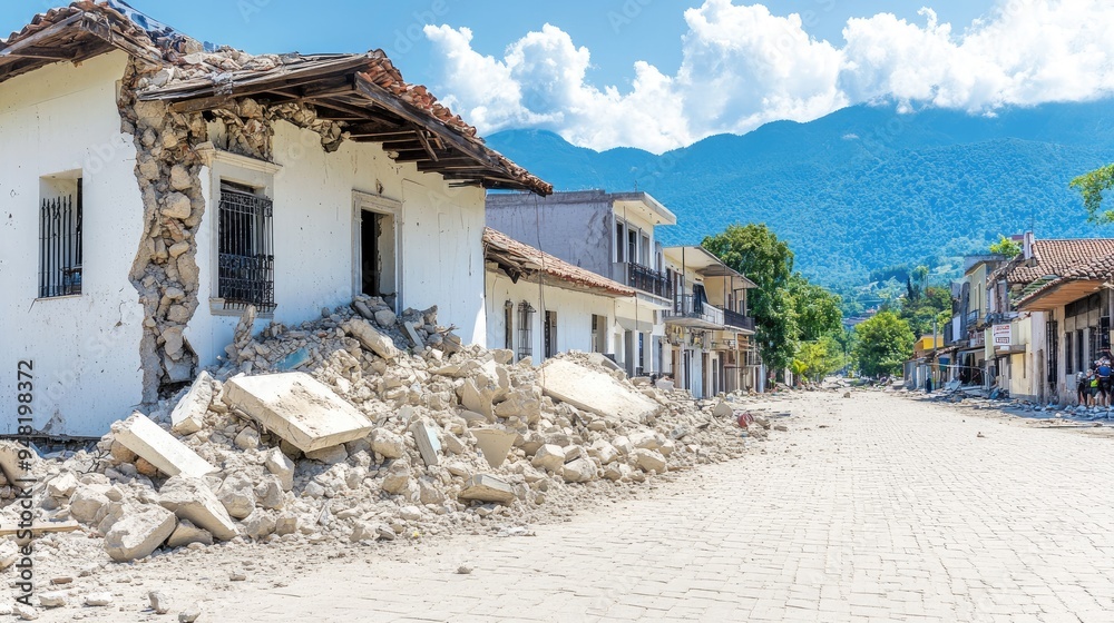 The corner wall of a building lies collapsed amid rubble and debris in ...