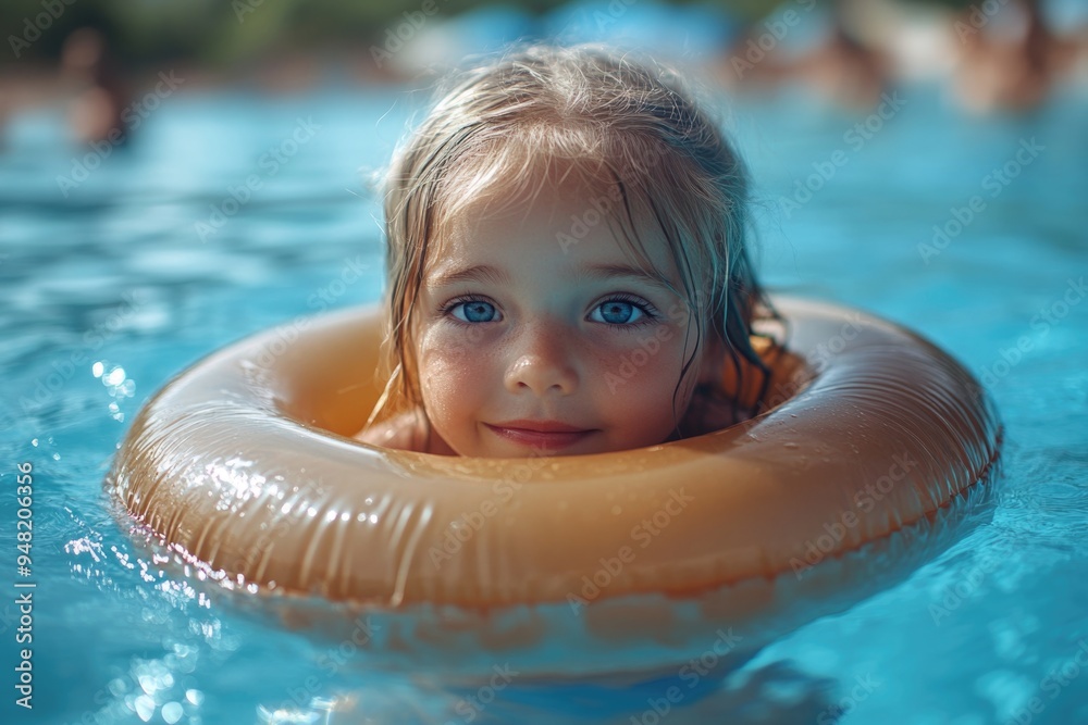 Little Girl Enjoys Inflatable Ring Float in Pool: Fun Swimming and ...