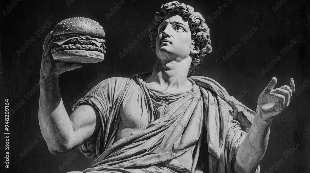 Ancient statue holding a burger, merging the worlds of classical art ...