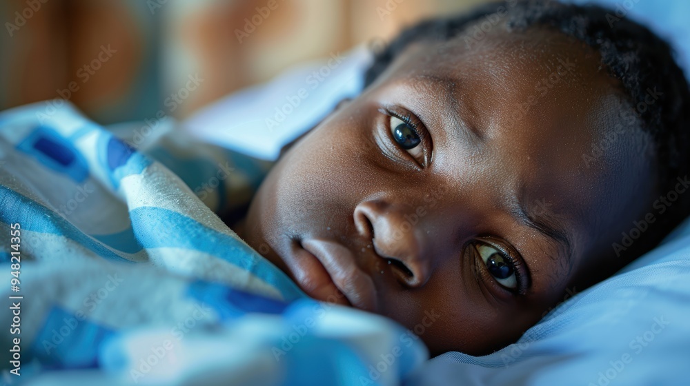 Child recovering in bed after surgery or illness in a medical facility ...