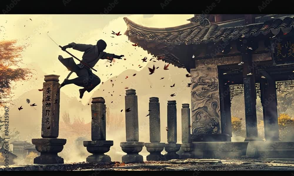 Martial artist performing a dynamic move with a sword in front of an ...
