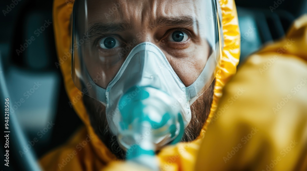 A detailed view of an individual wearing a yellow hazmat suit while ...
