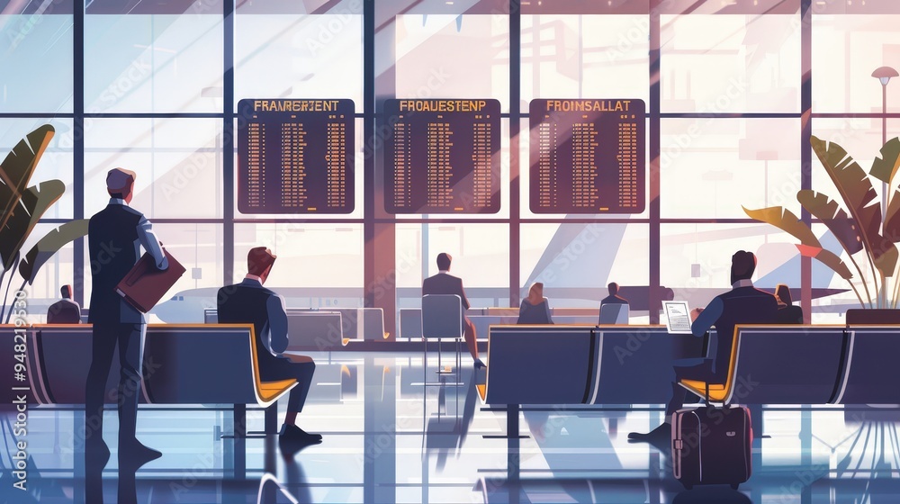 Illustrate a business trip setting in a stylish airport lounge with a ...