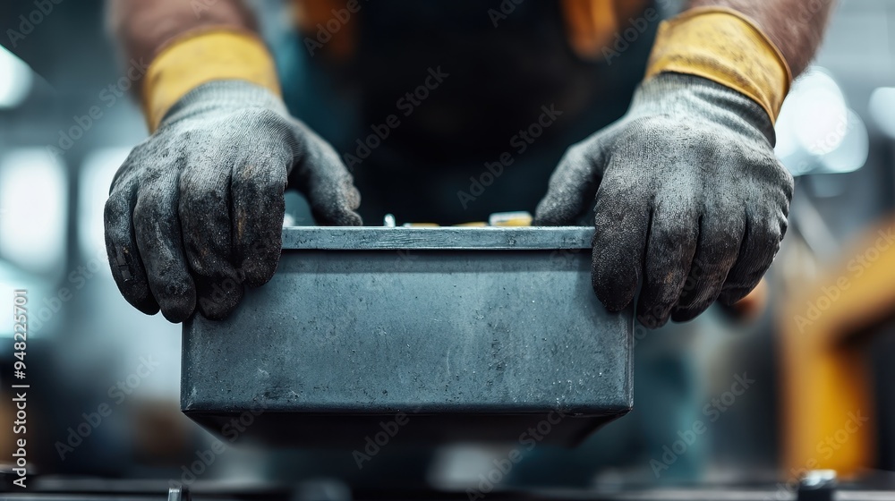 A close-up view of a worker’s gloved hands as they lift a heavy metal ...