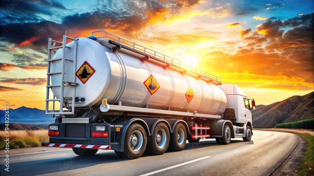 Warning signs and labels on a tanker truck indicate hazardous materials ...