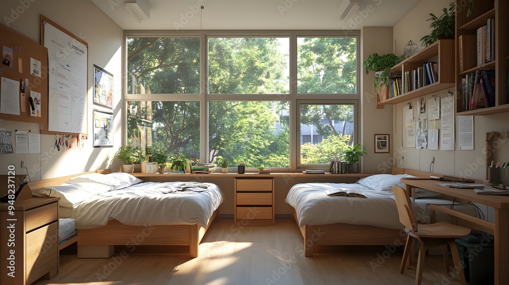 Bright modern college dorm room, twin beds with crisp white linens ...