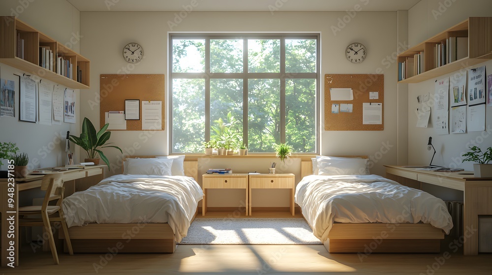 Bright modern college dorm room, twin beds with crisp white linens ...