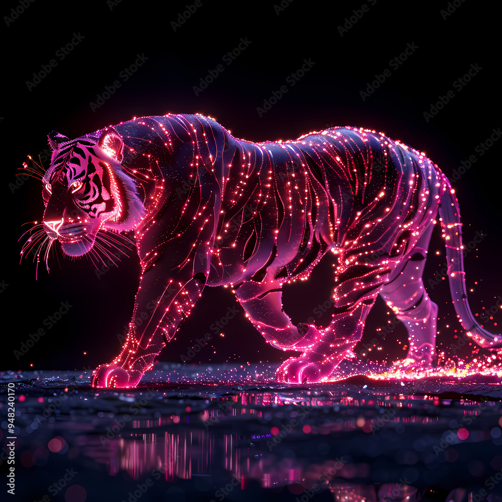 A pink gold glow tiger silhouette in a nightscape, bold outline, energy ...