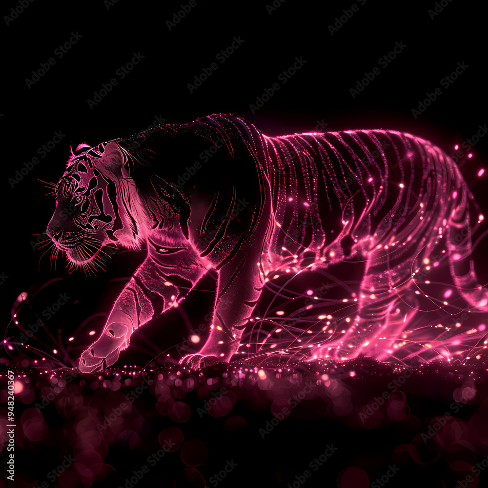A pink gold glow tiger silhouette in a nightscape, bold outline, energy ...