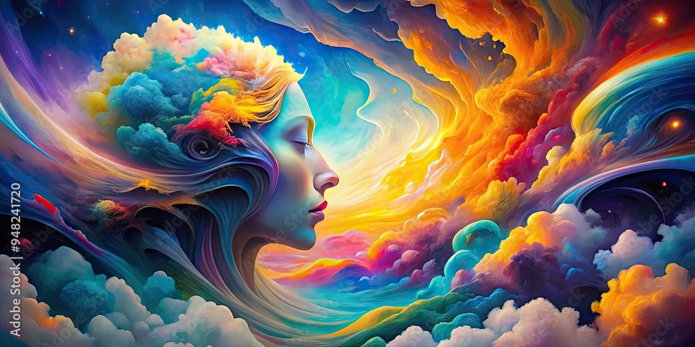 Vibrant, swirling clouds of colorful thoughts and emotions erupt from a ...