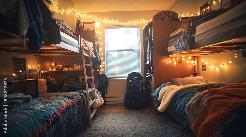 Cozy college dorm room at golden hour, bunk beds with colorful throws ...