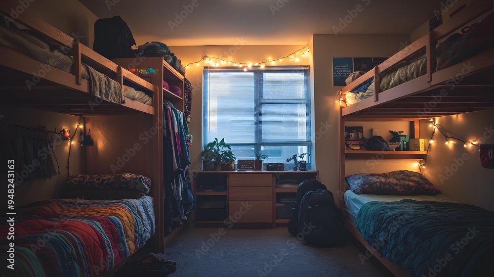 Cozy college dorm room at golden hour, bunk beds with colorful throws ...