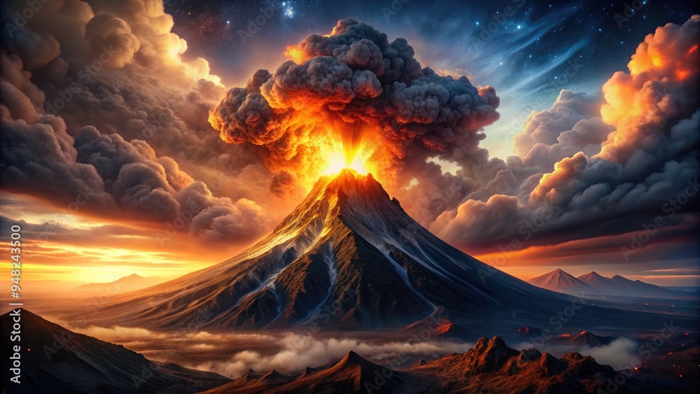 Majestic volcano erupts in a fiery explosion, spewing forth molten lava ...