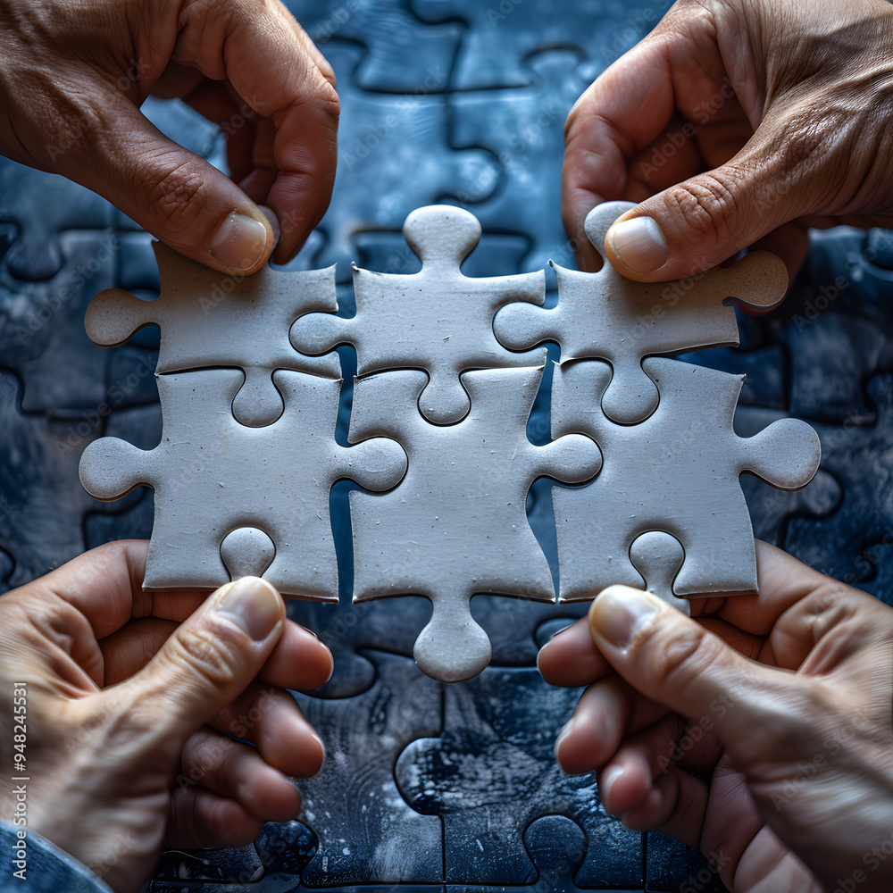 Four hands work together to connect white puzzle pieces, symbolizing teamwork, collaboration ...