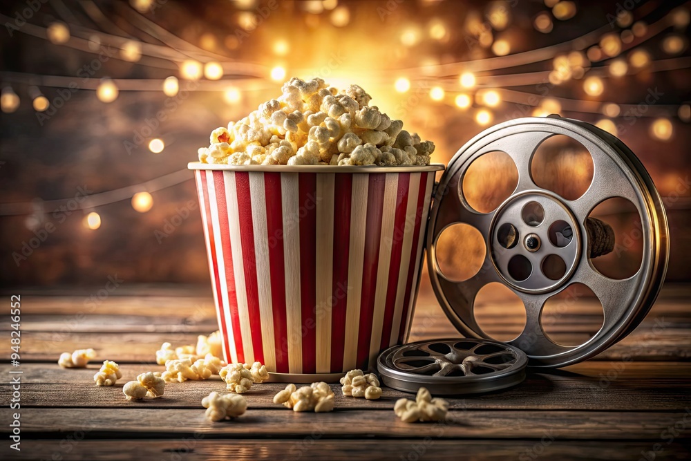 Retro striped tub overflowing with popcorn sits beside a nostalgic ...