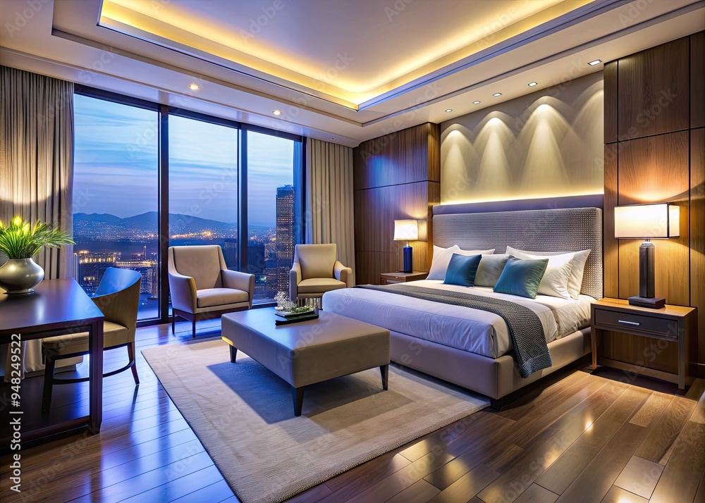 Modern luxurious hotel room with sleek furniture, ambient lighting, and ...