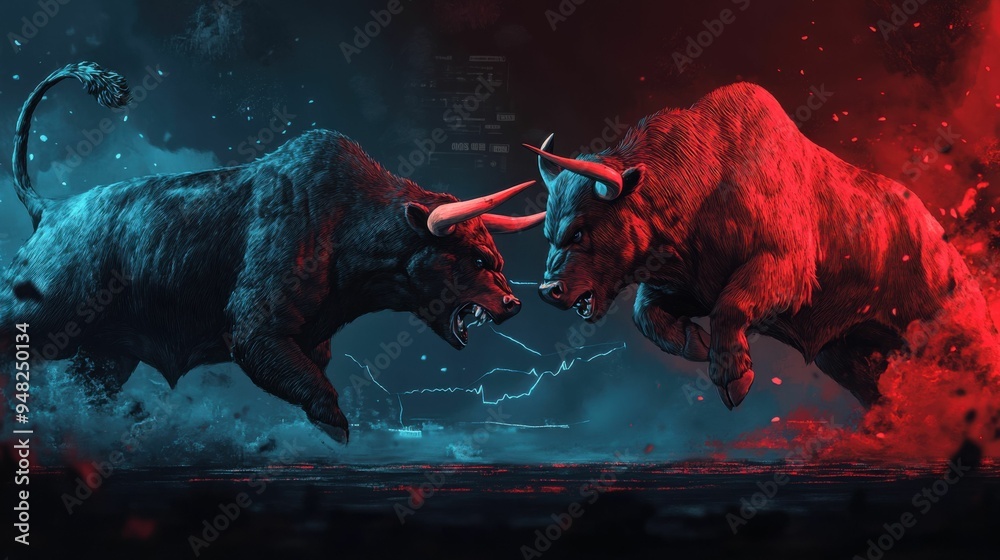 bull and bear fighting each other aggressively and show trading graph ...