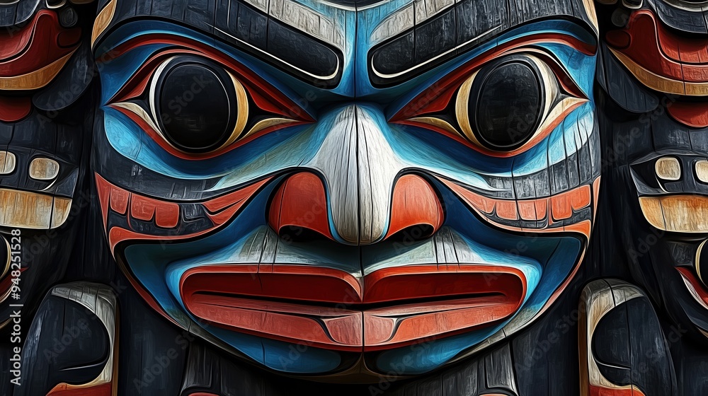 Close-up of a traditional Haida totem pole featuring an intricately ...