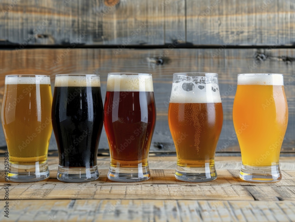 Craft beer selection on a rustic wooden bar top, featuring an array of ...