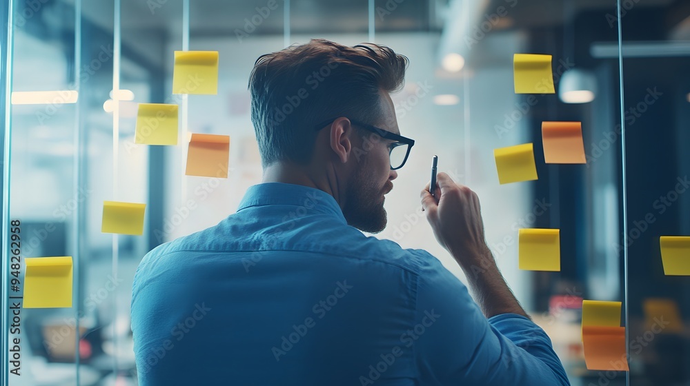 A photo of an IT professional writing on post-it notes, taking notes in ...