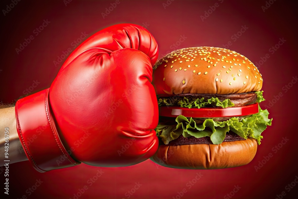 Vibrant red boxing glove kicks a juicy hamburger on a bold red ...