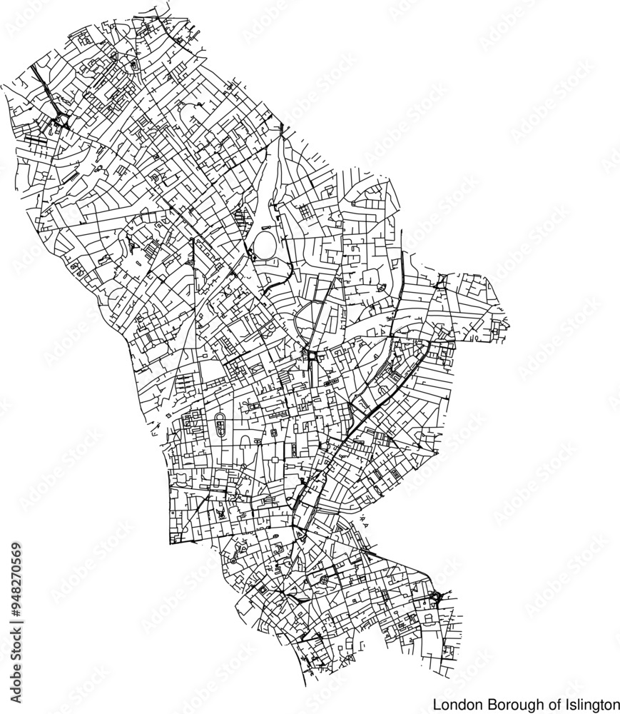 Street map of the London Borough of Islington in black and white with ...