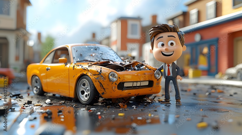 Cartoon-style 3D animated scene depicting an insurance agent managing a ...
