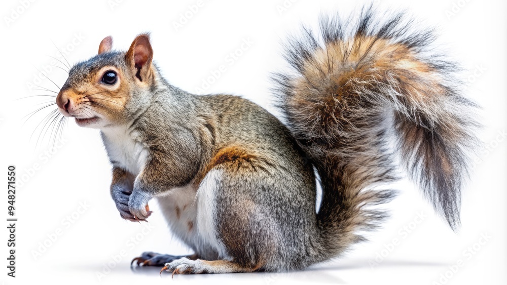 Adorable grey squirrel with bushy tail standing upright on its hind ...