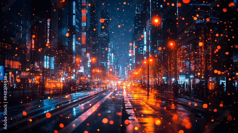 High-tech city at night with illuminated skyscrapers and street lights ...