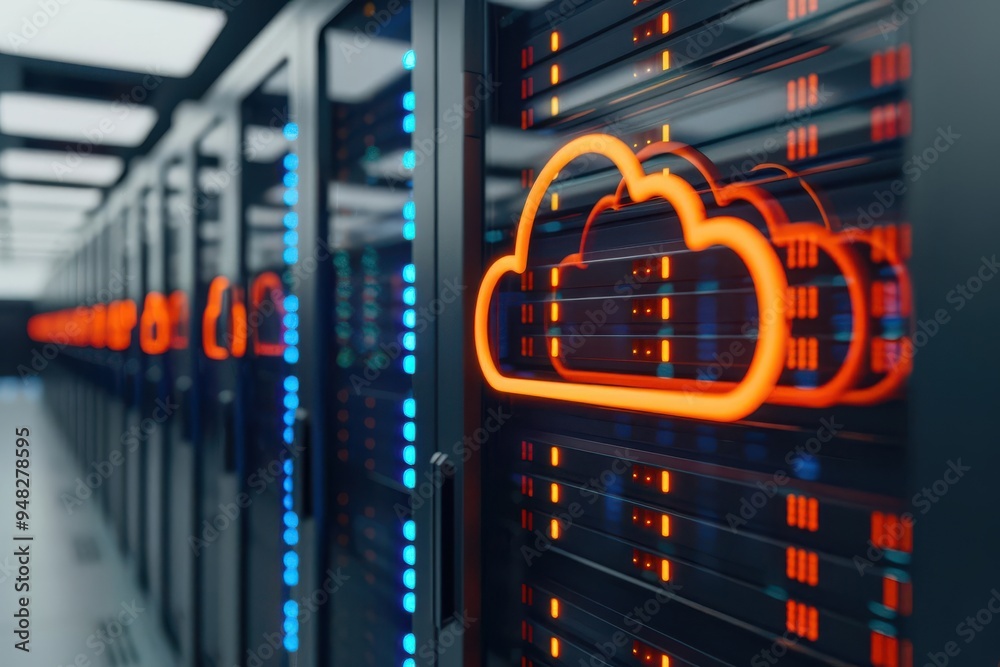 Computer-generated image of a server rack connected to cloud software ...