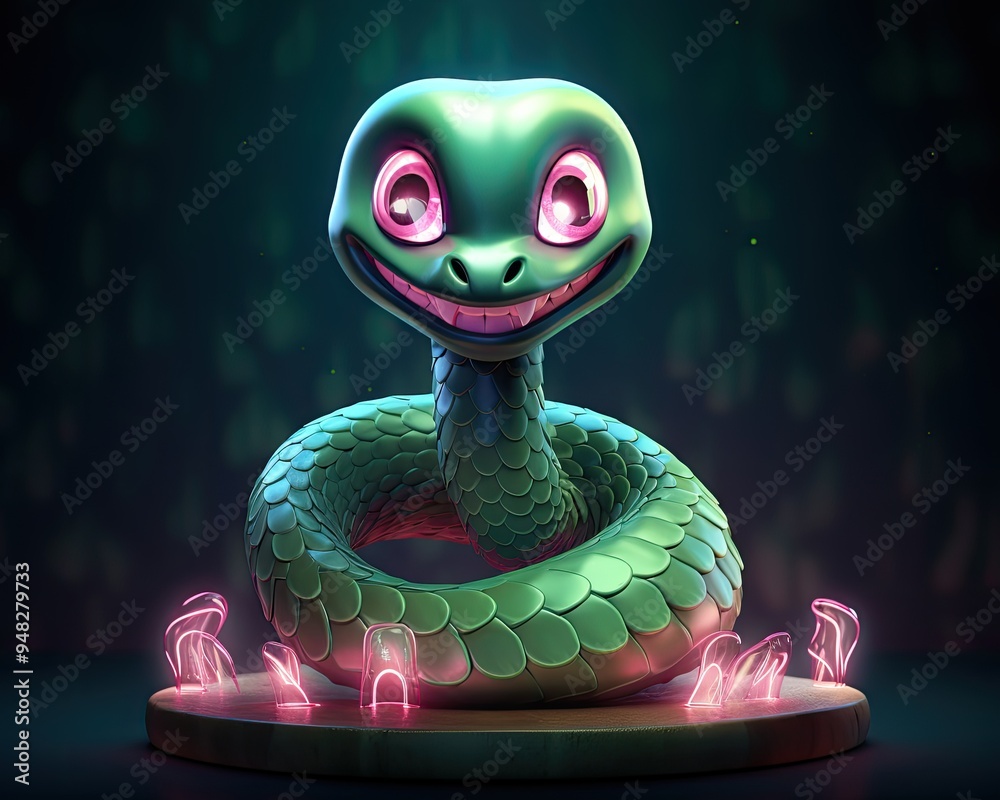 Stylized 3D model of a black snake character. Black luminescent snake ...