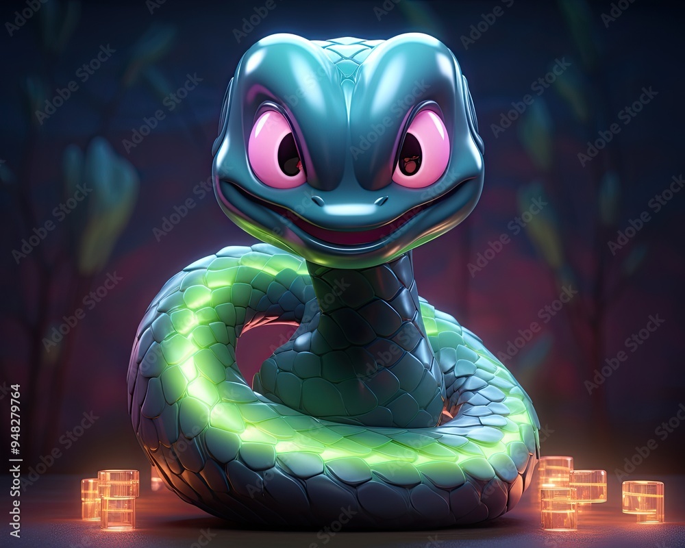 Stylized 3D model of a black snake character. Black luminescent snake ...