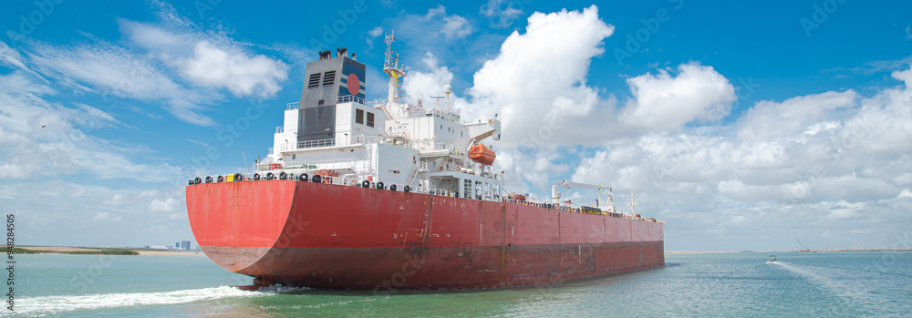 Panorama view crude oil tanker ship under sunny cloud blue sky, bridge ...