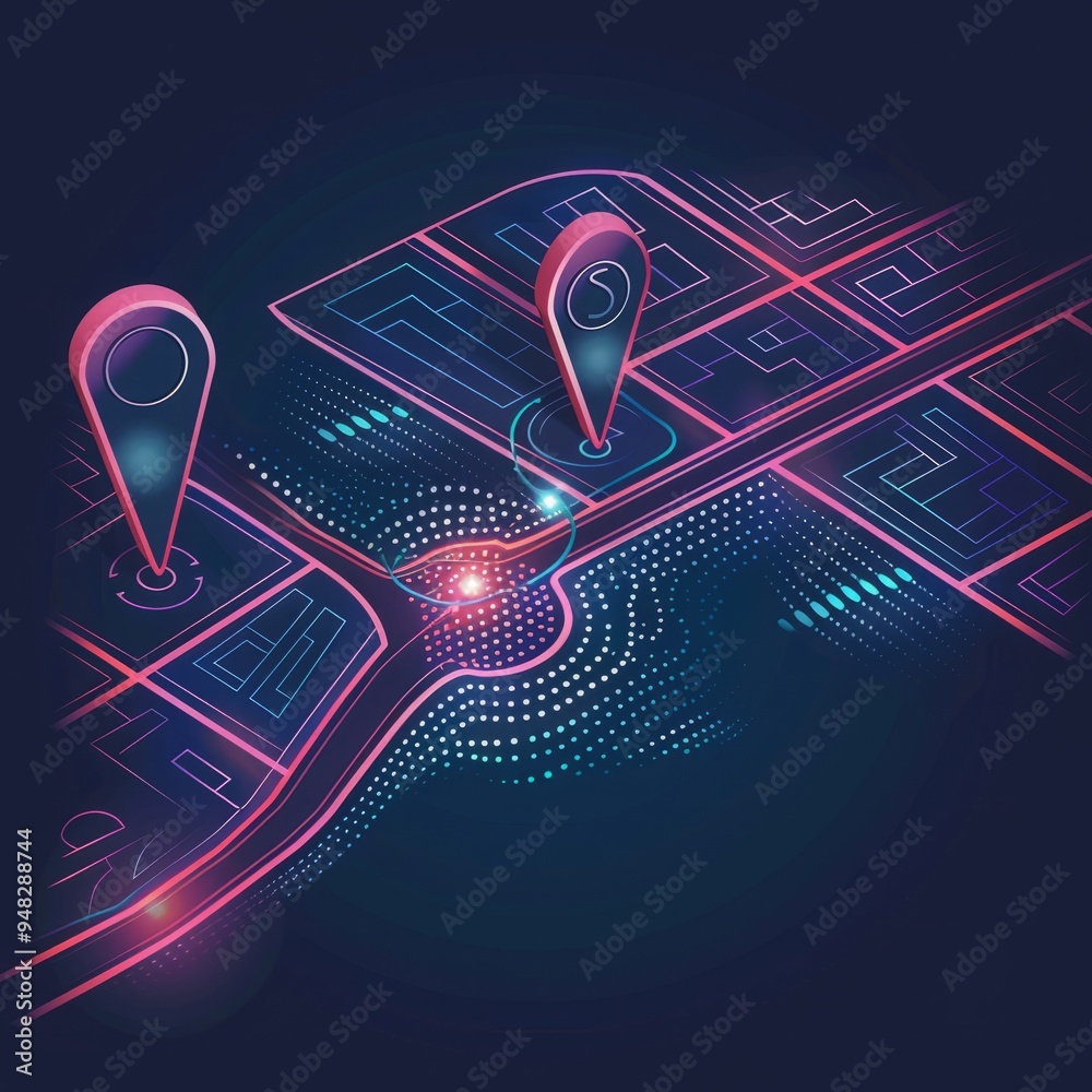 Innovative AI-Powered GPS: Vector Illustration of a Digital Map with ...